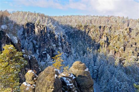 Saxon Switzerland National Park During Winter Germany Stock Photo