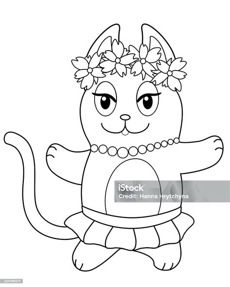화환과 발레 투투를 입은 귀여운 춤추는 고양이 키티 발레리나 벡터 선형 그림 색칠 0명에 대한 스톡 벡터 아트 및 기타 이미지 0명 고양이 새끼 공주 Istock