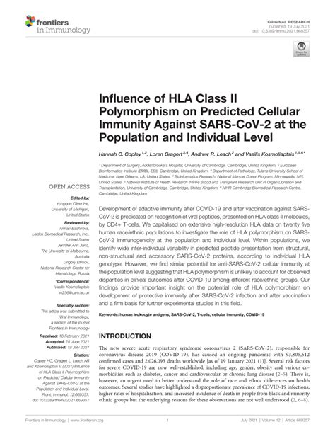 PDF Influence Of HLA Class II Polymorphism On Predicted Cellular Immunity Against SARS CoV