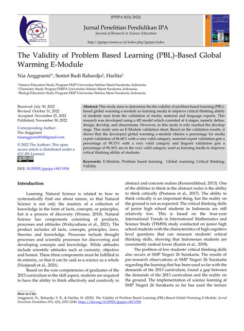 pdf validity of problem based learning pbl based global warming e