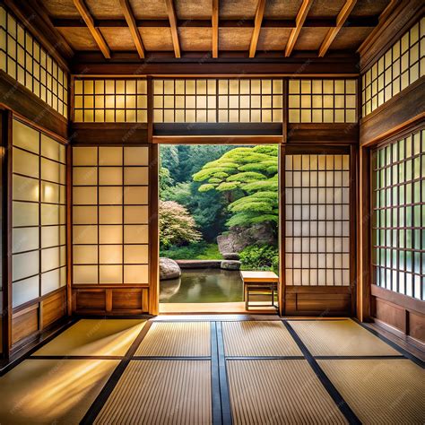 Traditional Japanese Room With Sliding Shoji Screens Framing The Window