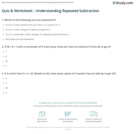 Quiz And Worksheet Understanding Repeated Subtraction