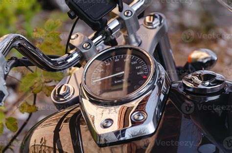 Handlebar And Speedometer Of Classic Chopper Motorcycle Close Up