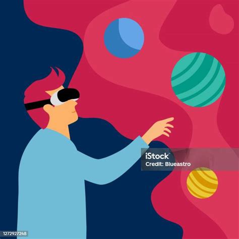 가상 현실 개념 벡터 일러스트레이션을 재생하는 남자 남자는 Vr 고글을 착용하고 평평한 디자인의 공간을보고 가상현실에 대한 스톡 벡터 아트 및 기타 이미지 Istock