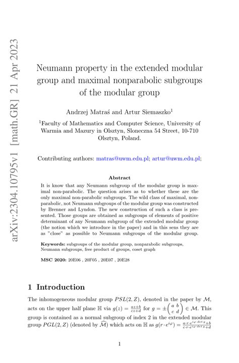 Pdf Neumann Property In The Extended Modular Group And Maximal