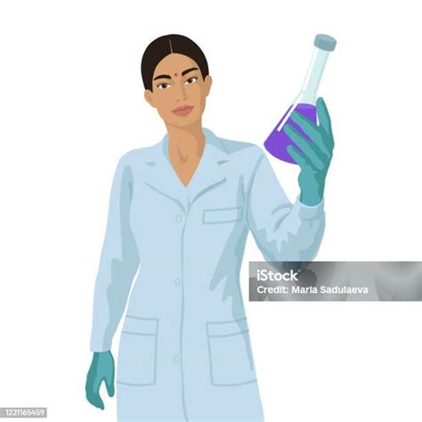 액체의 샘플을 가진 인도 여성 과학자 백신 연구 과정 흰색 배경에 플랫 핸드 그린 그림입니다 건강관리와 의술에 대한 스톡 벡터