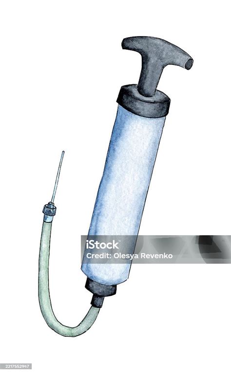 공을 부풀리기 위한 펌프의 수채화 그림 파란색 압축기가 공기를 펌핑하고 불고 있습니다 버블 개념 기계식 공기 펌핑용 도구 흰색에 절연되어 있습니다 손으로 그린 것입니다 1에