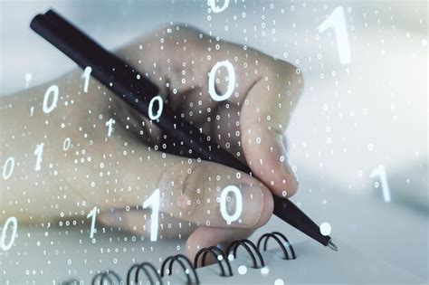 Premium Photo Double Exposure Of Creative Abstract Binary Code Hologram And Man Hand Writing