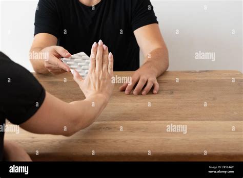 Woman Refusing Pills Medication Moderation Ending Drug Dependency