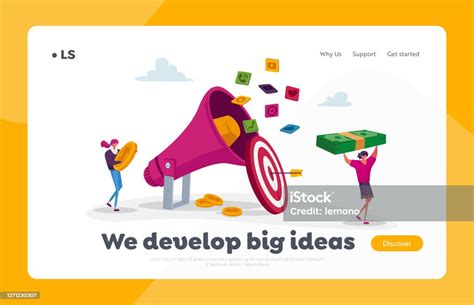 Pr 에이전시 디지털 마케팅 방문 페이지 템플릿 작은 문자는 거대한 메가 폰 통신 경고 광고와 함께 작동 전자메일에 대한 스톡 벡터 아트 및 기타 이미지 Istock