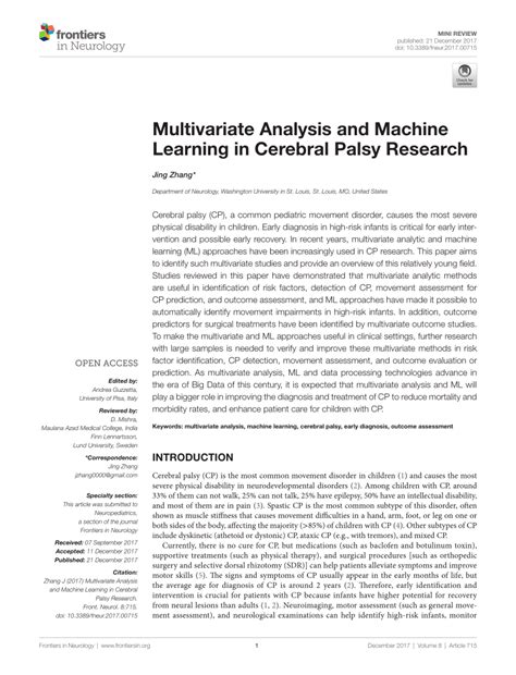 Pdf Multivariate Analysis And Machine Learning In Cerebral Palsy Research