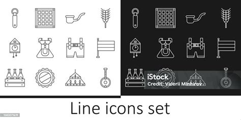 세트 라인 밴조 독일 국기 흡연 파이프 여성용 의상 Dirndl 레트로 벽 시계 병따개 Lederhosen 및 체크 무늬 냅킨 아이콘 벡터 검은색에 대한 스톡 벡터 아트 및