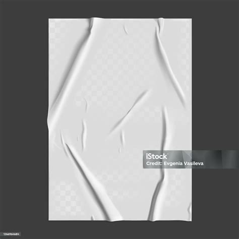 회색 배경에 젖은 투명 주름 효과가있는 접착 용지 구겨진 질감이 있는 흰색 젖은 종이 포스터 템플릿 사실적인 벡터 포스터 모형