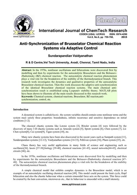 Pdf Anti Synchronization Of Brusselator Chemical Reaction Systems Via