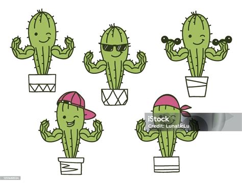 선인장은 근육 이두근을 보여줍니다 벡터 색상 세트 인쇄 가능한 만화 일러스트레이션은 흰색으로 격리되어 있습니다 선인장 캐릭터 컨셉 벡터에 대한 스톡 벡터 아트 및 기타