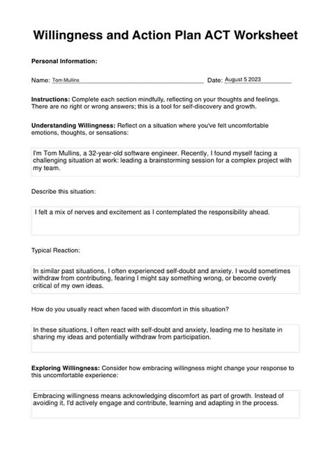 Willingness And Action Plan Act Worksheet And Example Free Pdf Download
