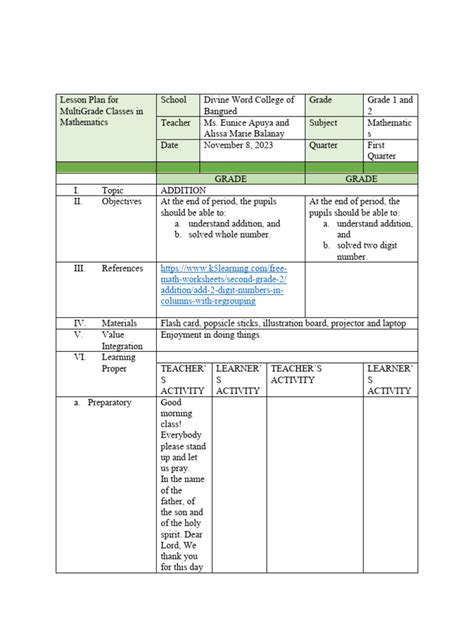 Lesson Plan For Multigrade Classes In Mathematics Pdf
