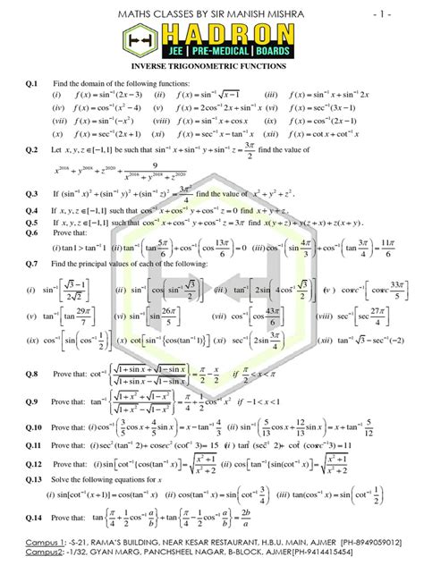 inverse trigonometric functions pdf trigonometric functions geometry