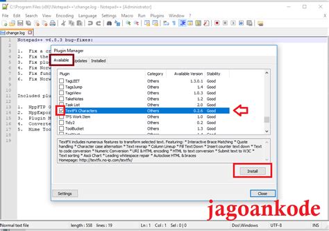 cara memasang plugin textfx di notepad jagoan kode
