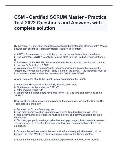 Csm Certified Scrum Master Practice Test 2022 Questions And Answers With Complete Solution