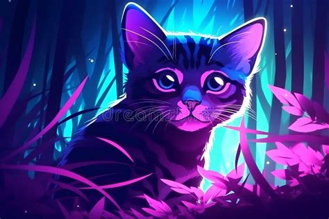 Cute Neon Art With A Kitten Neural Network Ai Generated Stock Illustration Illustration Of