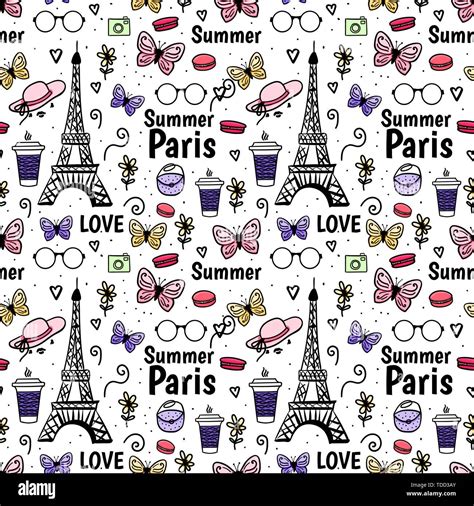 Seamless Pattern Summer Paris Eiffel Tower Butterfly Vector Hand