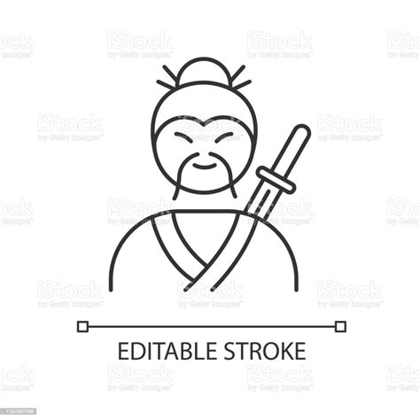 사무라이 픽셀 완벽한 선형 아이콘 아시아 무술 전투기 콧수염과 카타나 노인 얇은 선 사용자 정의 일러스트레이션 윤곽 기호입니다 벡터 격리 된 윤곽선 도면입니다 편집 가능한