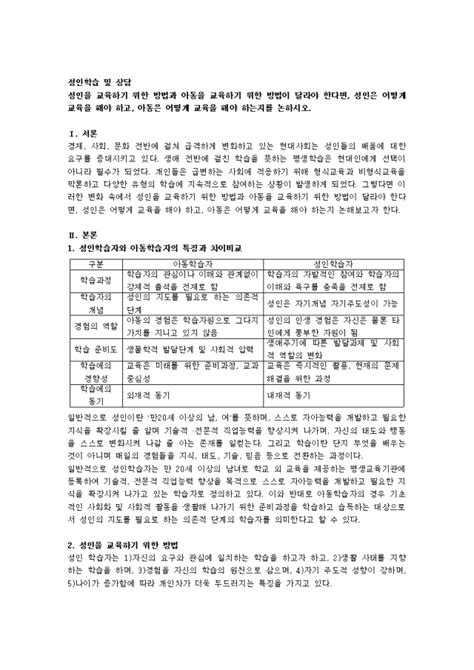 성인을 교육하기 위한 방법과 아동을 교육하기 위한 방법이 달라야 한다면 성인은 어떻게 교육을 해야 하고 아동은 어떻게 교육을 해야 하는지를 논하시오