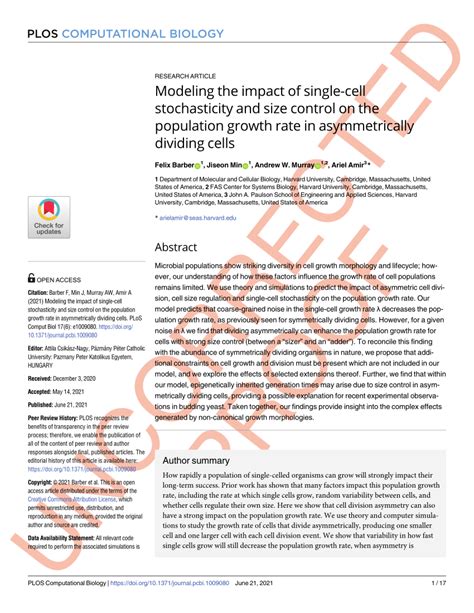 Pdf Modeling The Impact Of Single Cell Stochasticity And Size Control
