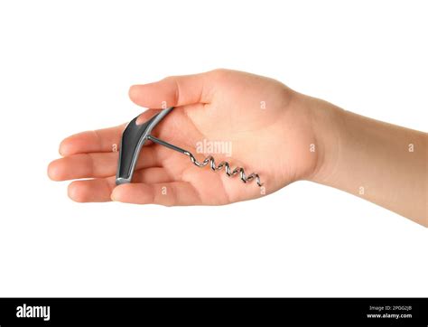 Female Hand Holding Corkscrew Isolated On White Background Stock Photo Alamy