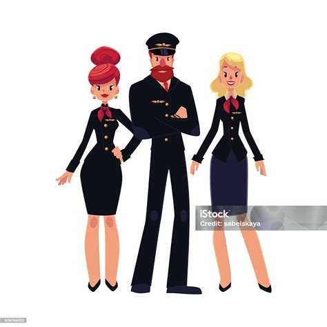 항공사 조종사와 두 명의 승무원 검은 색 유니폼을 입은 스튜어디스 2명에 대한 스톡 벡터 아트 및 기타 이미지 2명 날기 남성 Istock