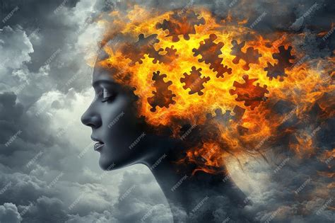 Brain Circuits Brain Puzzle Woman With Fiery Puzzle Pieces Emerging From Her Head Symbolizing