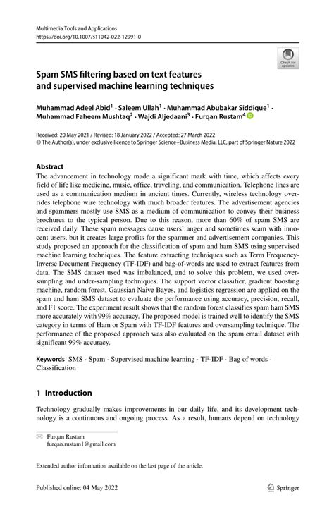 Pdf Spam Sms Filtering Based On Text Features And Supervised Machine
