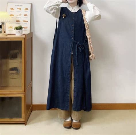 가을 신상 청 데님 오픈 나시 민소매 주름 원피스 청조끼