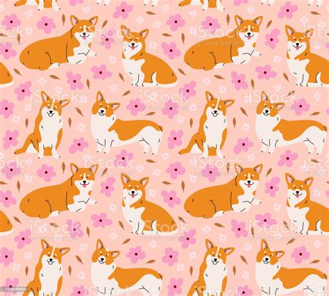 꽃과 함께 다른 포즈를 취하는 웨일스 어 코기 개의 원활한 패턴 가축에 대한 스톡 벡터 아트 및 기타 이미지 가축 개