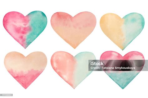 수채화 컬러 하트 발렌타인 데이 사랑 종이에 손으로 그린 흰색 배경 개체 그룹에 대한 스톡 벡터 아트 및 기타 이미지 개체 그룹 공휴일 낮 Istock