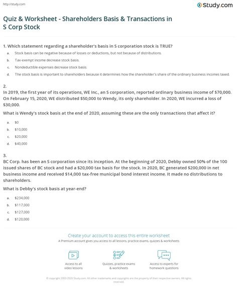 Quiz And Worksheet Shareholder S Basis And Transactions In S Corp Stock