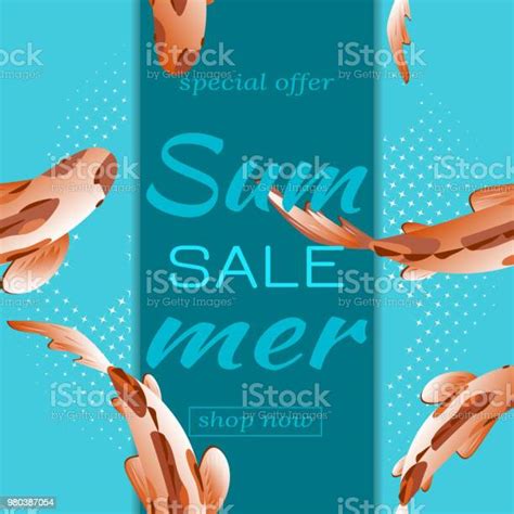 여름 판매를 위한 템플릿입니다 물고기 물 속에서 잉어 잉어와 패턴입니다 벡터 그림 Cyprinus 카 르 피 오 클로즈업입니다 밝은 갈색 및 파랑 색상 갈색에 대한 스톡