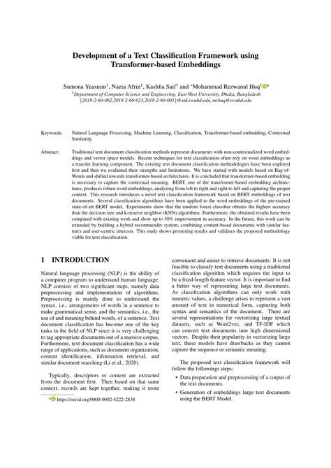 pdf development of a text classification framework using transformer