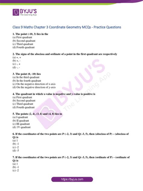 Class 9 Maths Chapter 3 Coordinate Geometry Mcqs Pdf