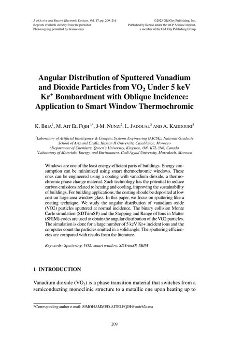 Pdf Angular Distribution Of Sputtered Vanadium And Dioxide Particles