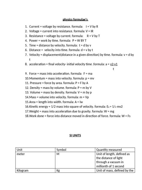 Physics Formulassymbols Pdf Mass Force