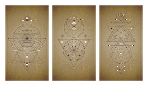 기하학적 기호와 프레임 세 빈티지 배경의 벡터 세트입니다 추상기하학적 기호와 선으로 그려진 신성한 신비한 표지판 마녀에 대한