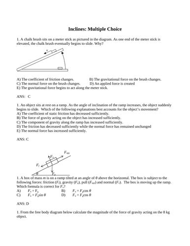 Physics Incline Plane Problems Multiple Choice Short Answer And Power