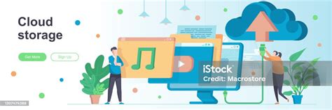 사람 캐릭터가 있는 클라우드 스토리지 방문 페이지입니다 호스팅 공급자 클라우드 데이터베이스 웹 배너 데이터 저장 서비스 벡터 일러스트레이션 개념에 대한 스톡 벡터 아트 및