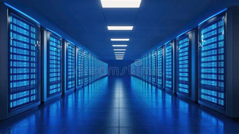 Futuristic Server Room Glowing Data Centers In A Blue Lit Corridor High Tech Infrastructure And