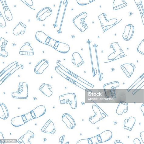 겨울 활동적인 스포츠 막대기로 스키 활강 스키 스노우 보드 아이스 스케이트 겨울 의류의 원활한 낙서 패턴 요소 12월에 대한 스톡 벡터 아트 및 기타 이미지 Istock