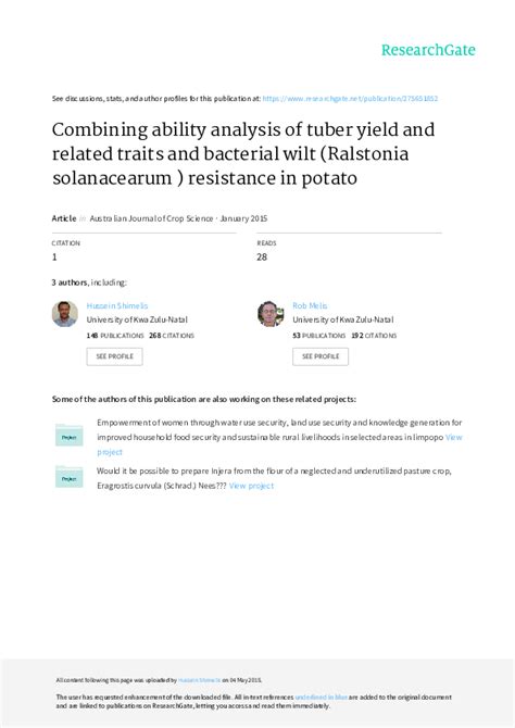 Pdf Combining Ability Analysis Of Tuber Yield And Related Traits And Bacterial Wilt Ralstonia