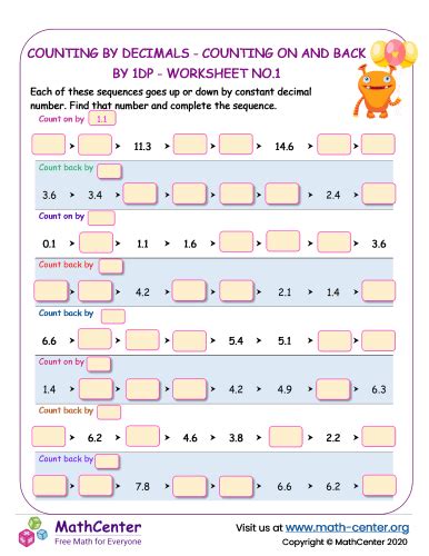 Counting By Decimals Counting On And Back By 1dp Worksheet No1