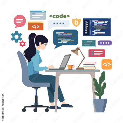 Flat Vector Design Illustration Image Of A Female Programmer Sitting Facing A Laptop Doing